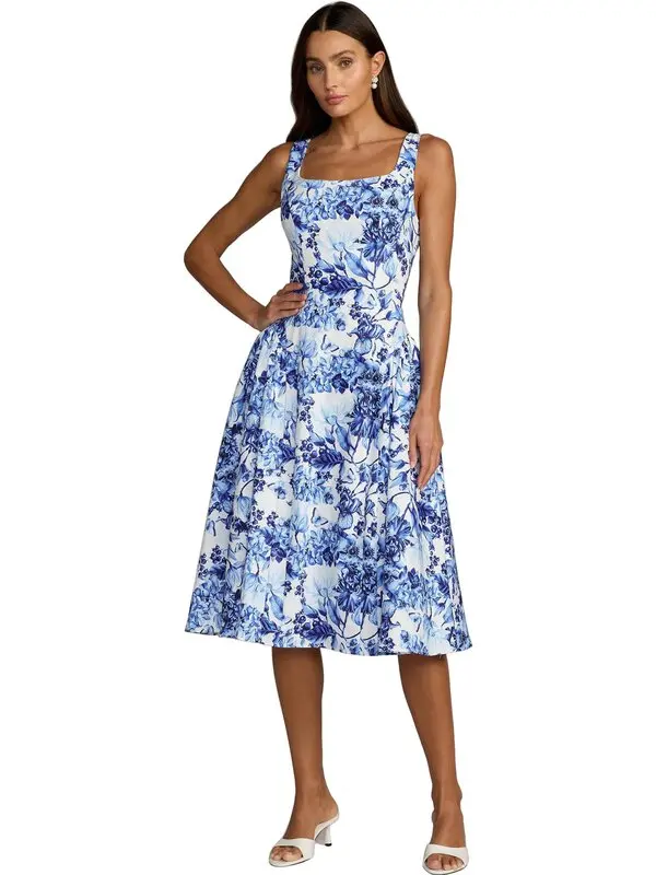 Mac Duggal Sleeveless Floral Midi Dress - Blue