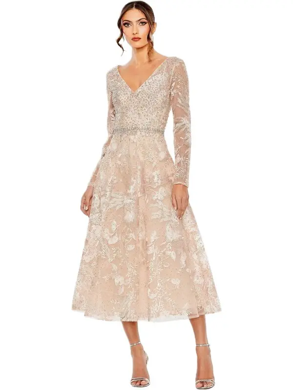 Mac Duggal Embroidered Long Sleeve Midi Dress - Blush