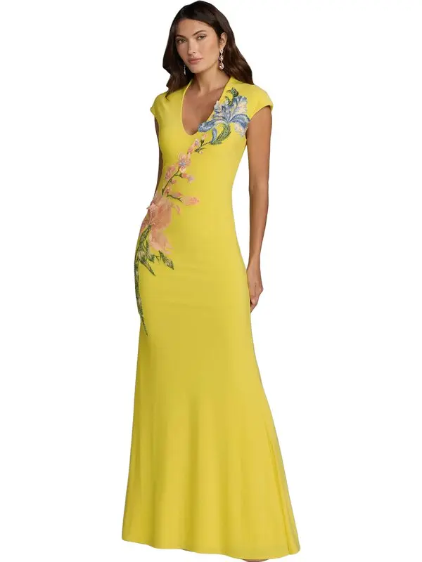 Mac Duggal Floral Appliquéd V-neck Jersey Gown - Yellow Multi