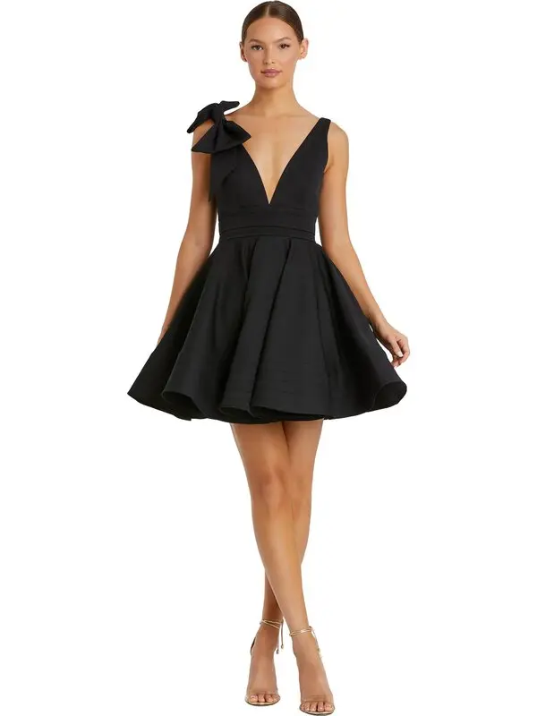 Mac Duggal Crepe Sleeveless V-neck Mini Dress With Bow - Black