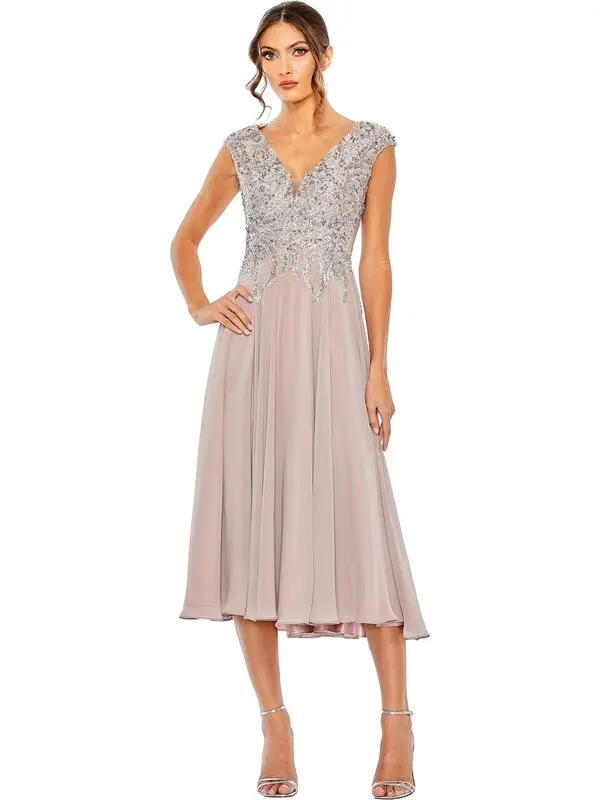 Mac Duggal Embroidered Chiffon A-line Midi Dress - Vintage Lilac