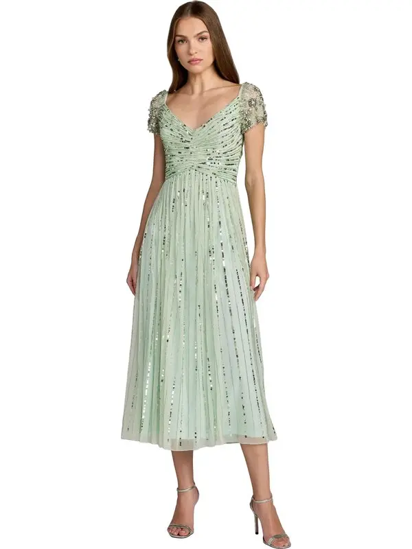 Mac Duggal Sequin Jeweled V-neck Midi Dress - Sage