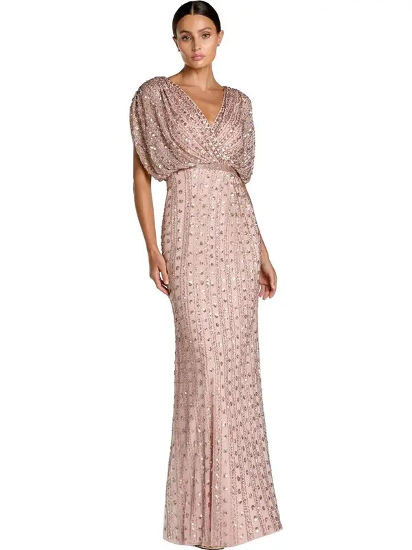 Mac Duggal Embellished Blouson V-neck Column Gown - Pink