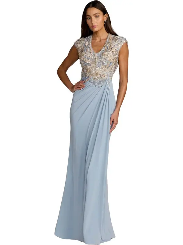 Mac Duggal Embroidered V-neck Draped Gown - French Blue