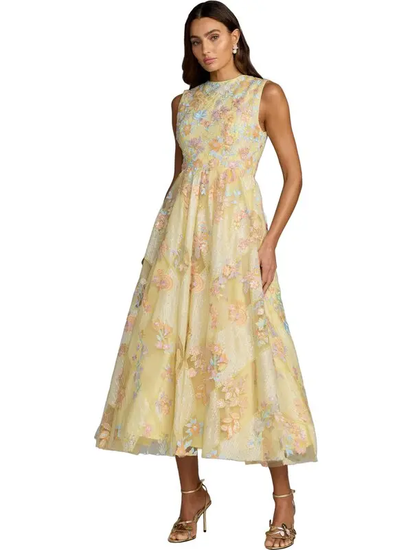 Mac Duggal Embroidered A-line Midi Dress - Yellow Multi