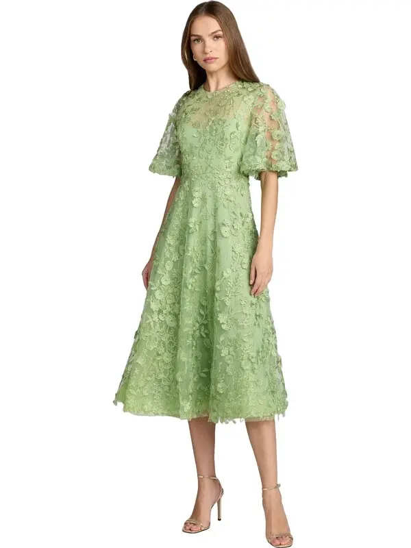 Mac Duggal Embroidered Flutter Sleeve Midi Dress - Green