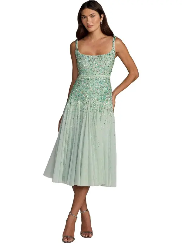 Mac Duggal Beaded Scoop Neck Midi Dress - Seafoam Multi
