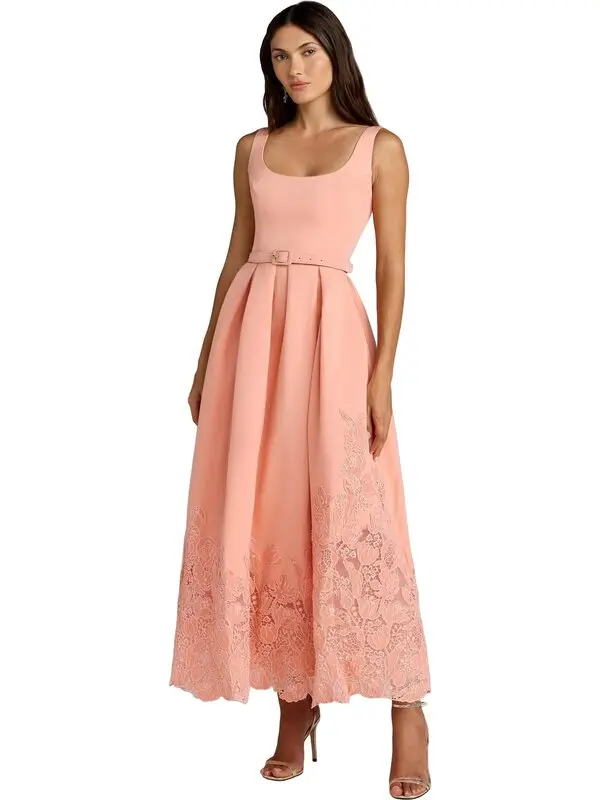 Mac Duggal Lace Hem Belted Midi Dress - Peach