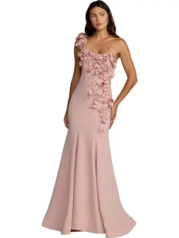 Mac Duggal Floral Embellished One Shoulder Mermaid Gown - Mauve