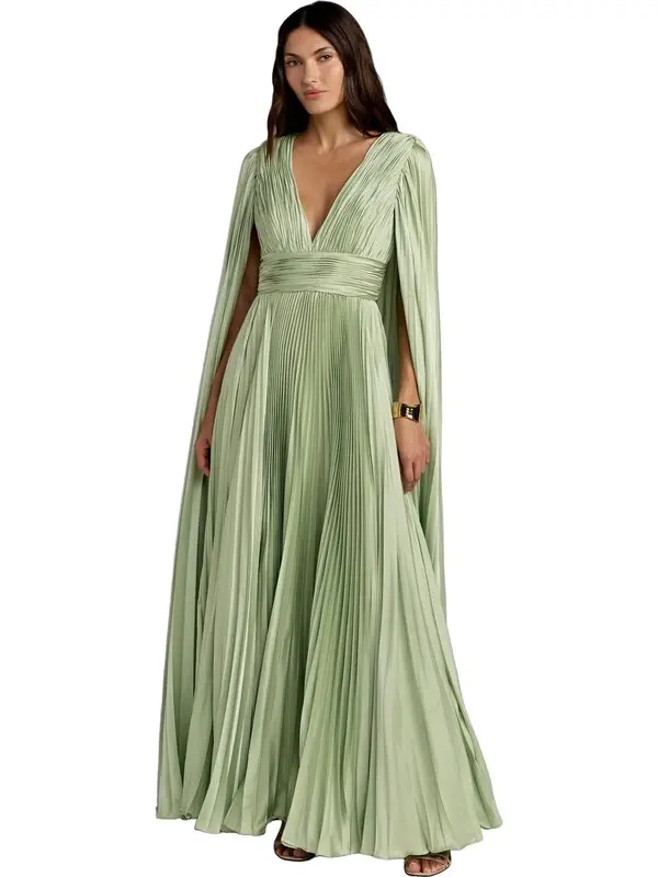 Mac Duggal Pleated Charmeuse V-neck Gown With Cape - Green