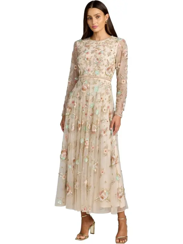 Mac Duggal Floral Embellished Long Sleeve Midi Dress - Beige Multi