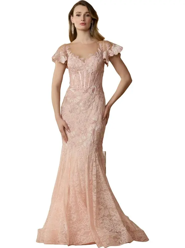 MAC DUGGAL COLLECTION Embroidered Lace Flutter Sleeve Mermaid Gown - Blush