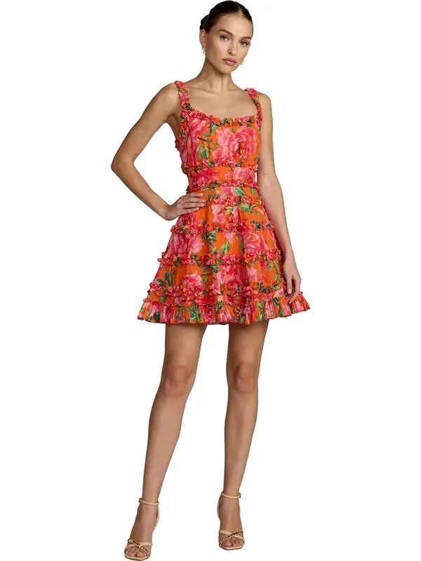 Mac Duggal Floral Square Neck Ruffled Mini Dress - Orange