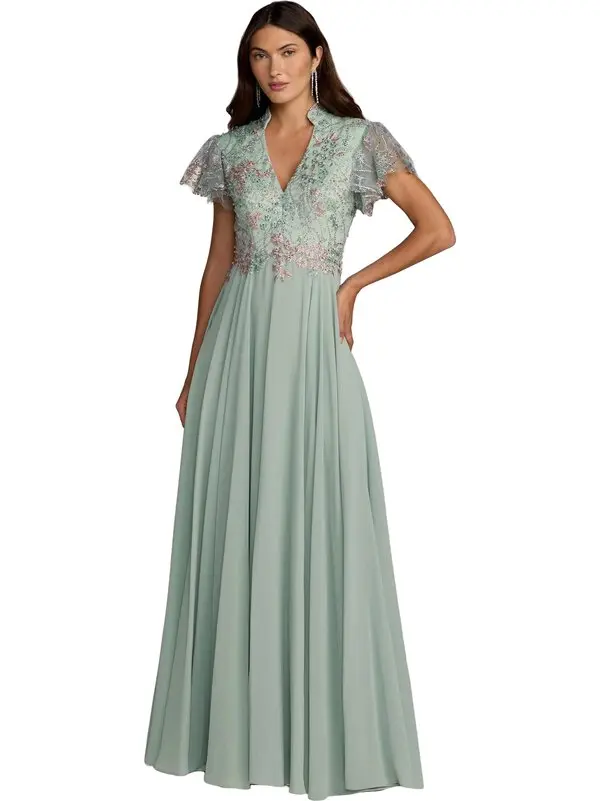Mac Duggal Embroidered Flutter Sleeve V-neck Gown - Sage