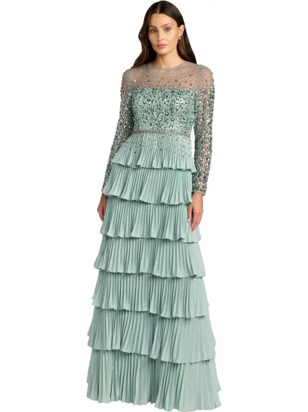 Mac Duggal Embellished Illusion Long Sleeve Ruffle Gown - Sage