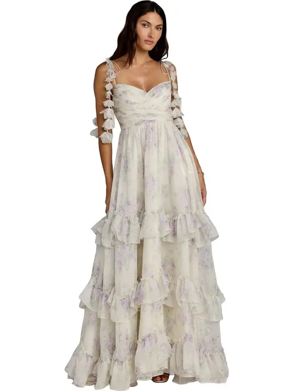 Mac Duggal Floral Chiffon Ruffle Gown With 3d Flower Straps - Ivory Multi