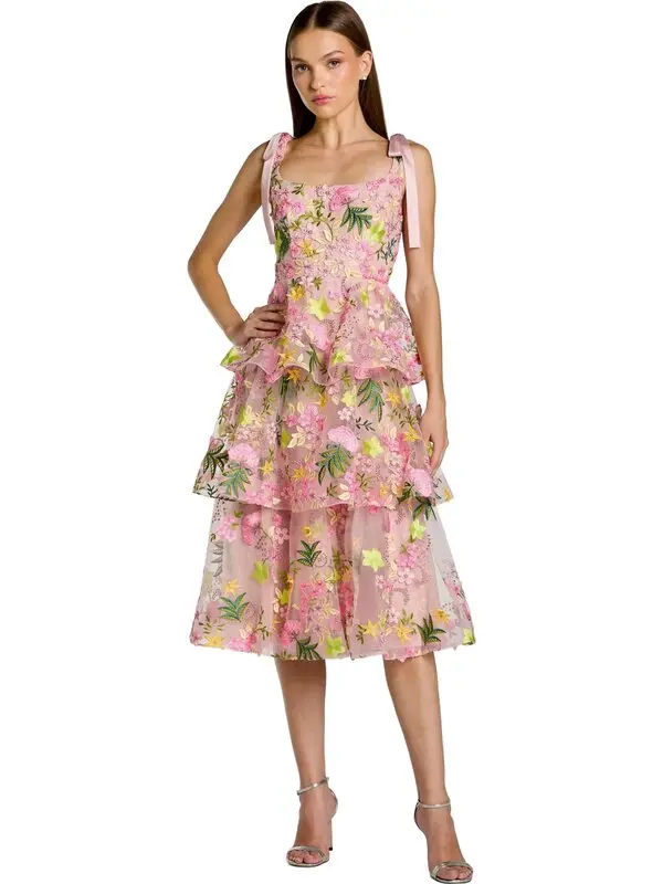 Mac Duggal Floral Embroidered Tiered Midi Dress - Blush Multi