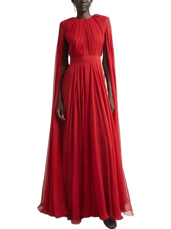 Givenchy Long Sleeve Silk Crepon Cape Gown - Dark Red