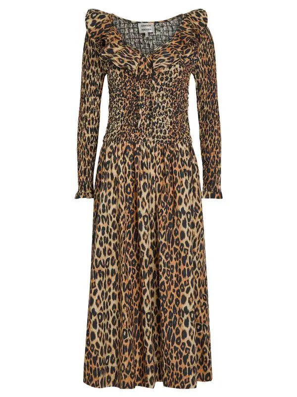DAMSON MADDER Harper Shirred Cotton-poplin Midi Dress - Leopard