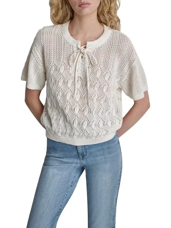 Dkny Lace-up Placket Pointelle Sweater - Coconut