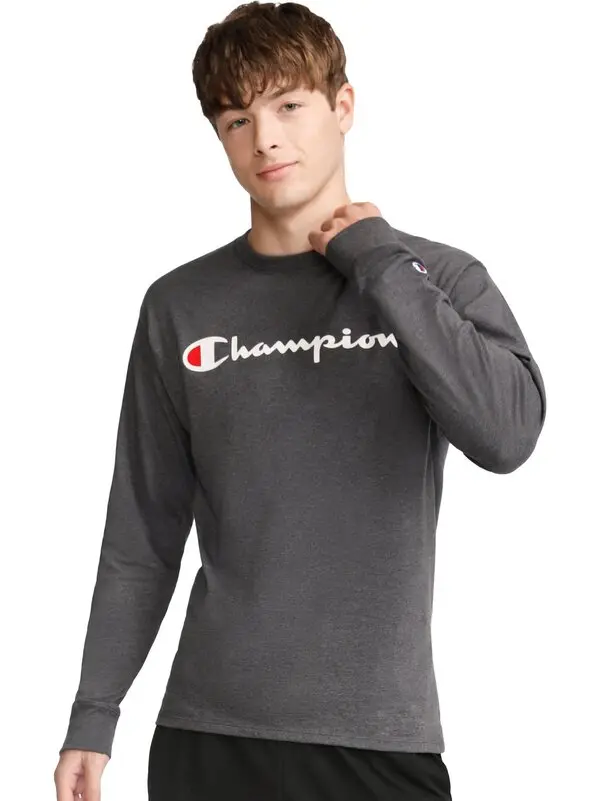 Champion Classic Graphic Long-sleeve T-shirt, Script Logo - Granite Heather