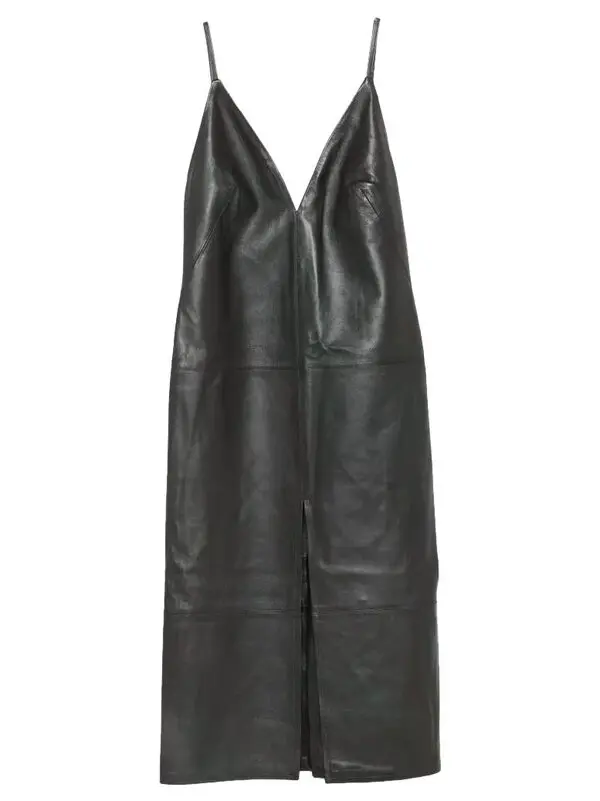 Erika Cavallini Augusta Leather V-neck Midi Dress - Black