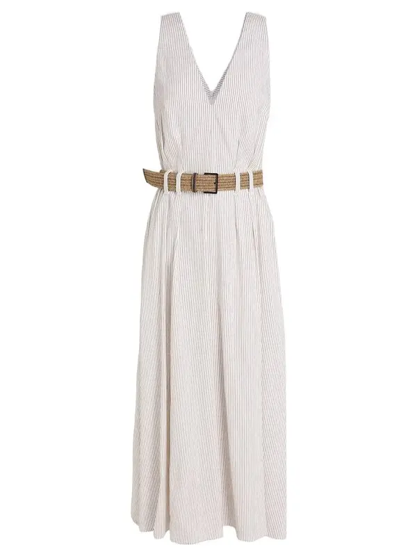 Brunello Cucinelli Belted Pinstriped Linen-blend Midi Dress - Ivory