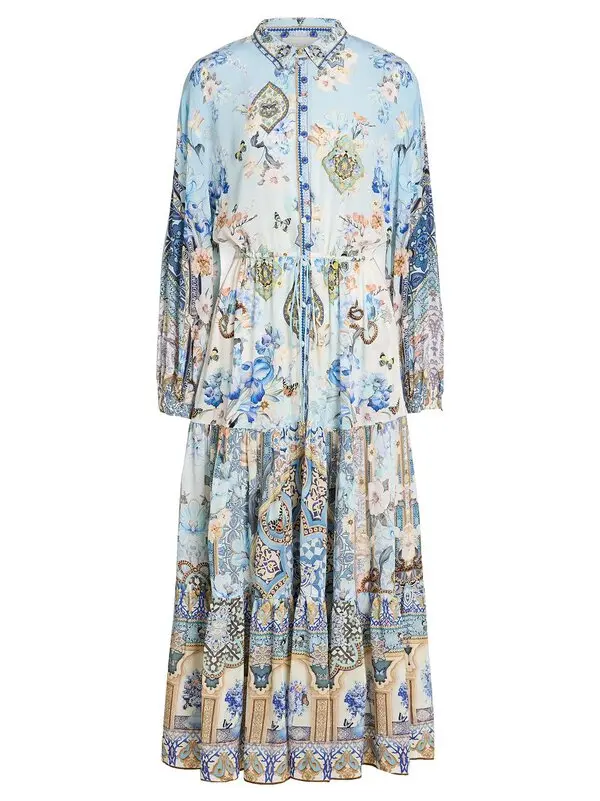 Camilla Crystal-embellished Printed Silk Maxi Shirt Dress - Light Blue