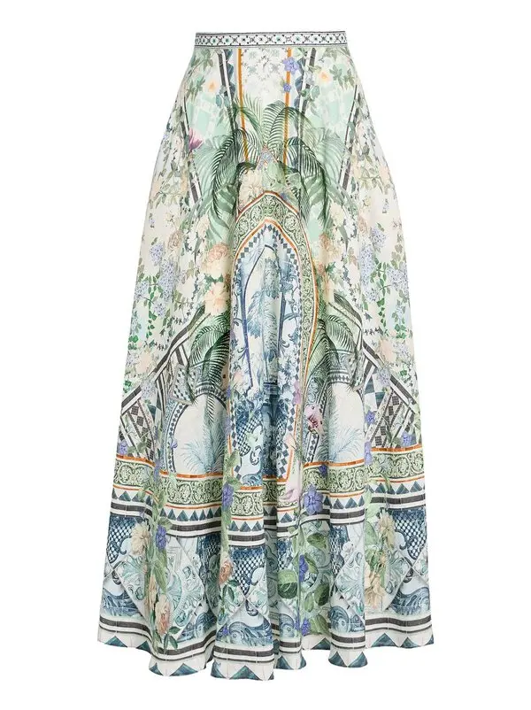Camilla Crystal-embellished Printed Linen Maxi Skirt - Light Green