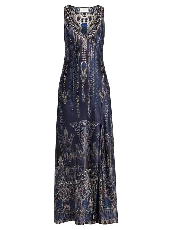 Camilla Crystal-embellished Printed Silk-satin Maxi Dress - Navy