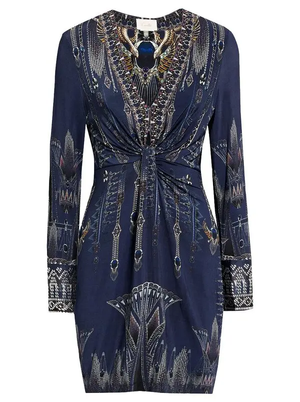 Camilla Draped Crystal-embellished Printed Mini Dress - Navy