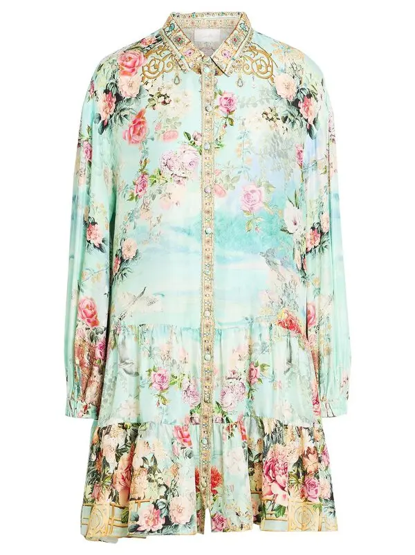 Camilla Crystal-embellished Printed Silk-twill Mini Shirt Dress - Mint