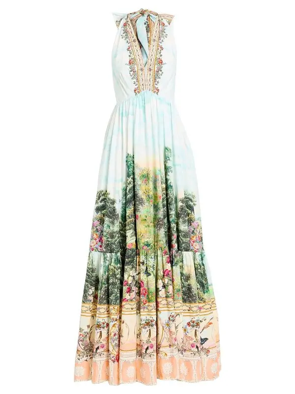 Camilla Crystal-embellished Printed Cotton-poplin Halterneck Maxi Dress - Sky Blue