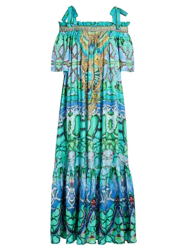 Camilla Coldshoulder Crystal-embellished Printed Silk-twill Maxi Dress - Turquoise
