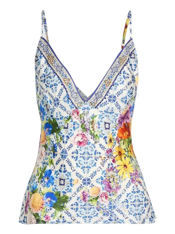 Camilla Crystal-embellished Printed Silk-twill Camisole - Blue