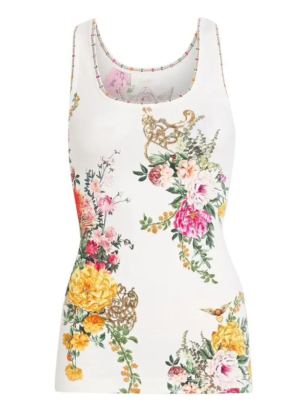 Camilla Crystal-embellished Floral-print Tank - White