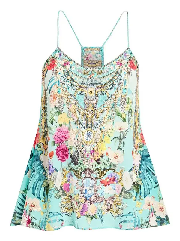 Camilla Crystal-embellished Printed Silk Camisole - Turquoise