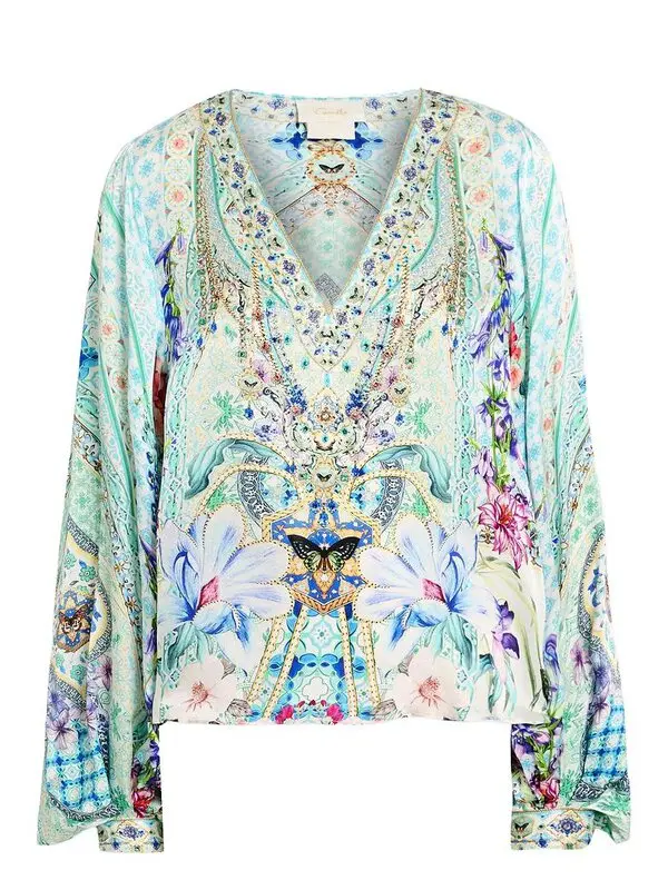 Camilla Crystal-embellished Floral-print Silk Blouse - Turquoise