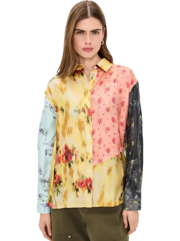 GANNI Printed Silk Twill Long Sleeve Shirt - Iced Aqua