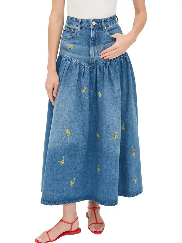 GANNI Printed Denim Long Skirt - Light Blue Vintage