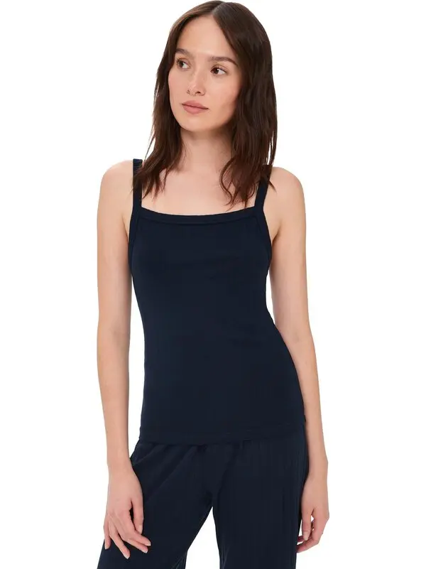 Donni. Pointelle Square Neck Tank Top - Navy