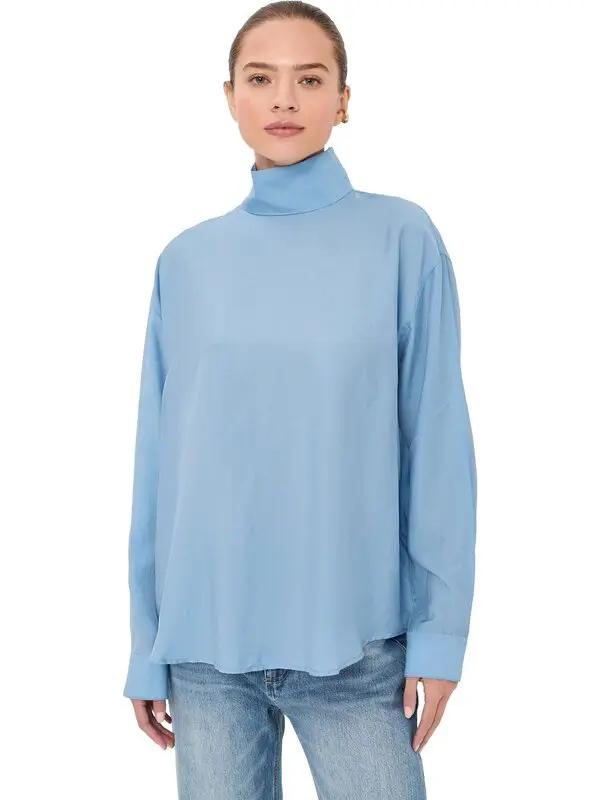 Tibi Silk Tencel Funnel Neck Shirt - Blue