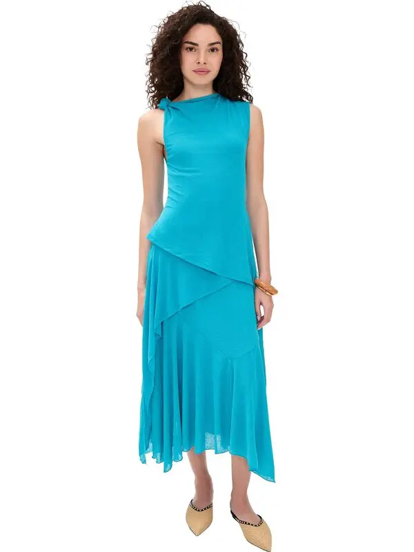 GANNI Marl Mesh Draped Knot Dress - River Blue