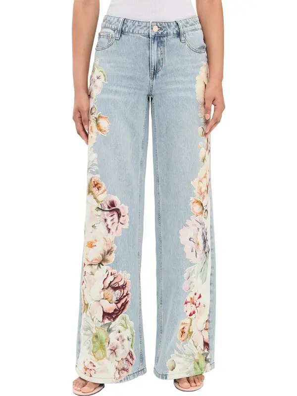 Alice + Olivia Floral Applique Wide Leg Jeans - Sierra Vintage/multi