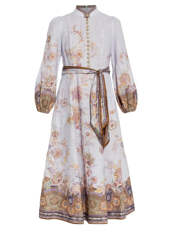 Zimmermann Linen Midi Dress With Floral Print And Belt - Purple