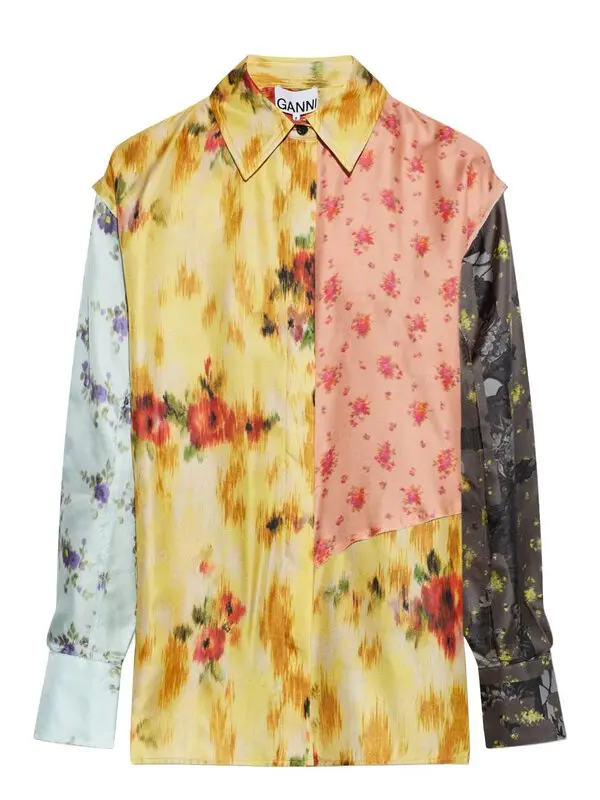 GANNI Floral Print Silk Button Down Shirt - Multicolour