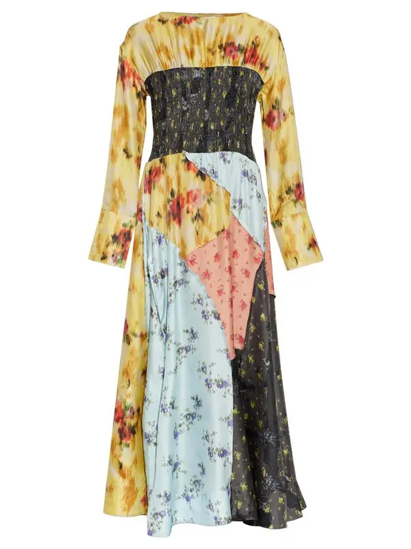 GANNI Long Silk Patchwork Dress - Multicolour