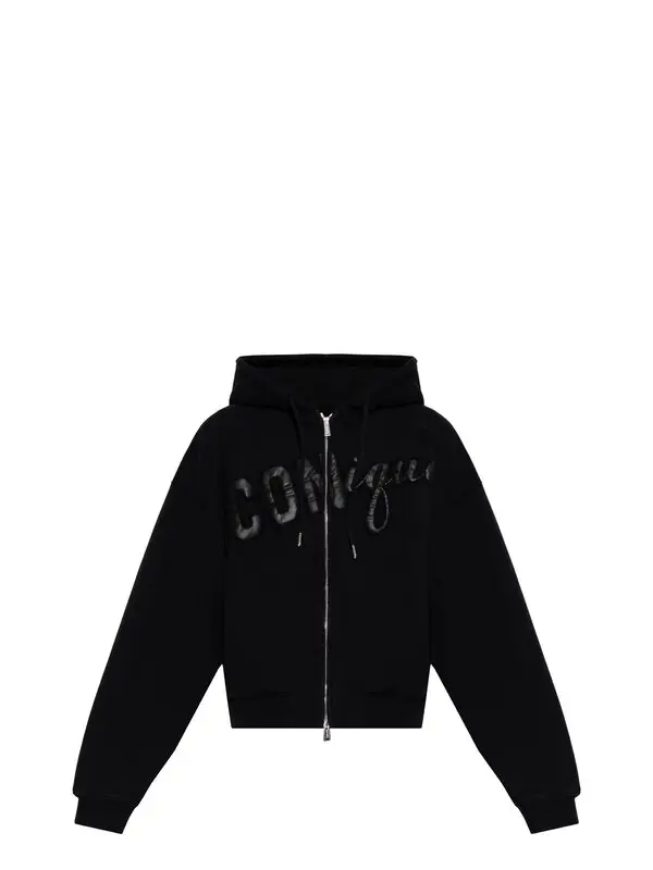 Dsquared2 Hooded Zip-up Sweatshirt With Leather-effect Lettering - Black