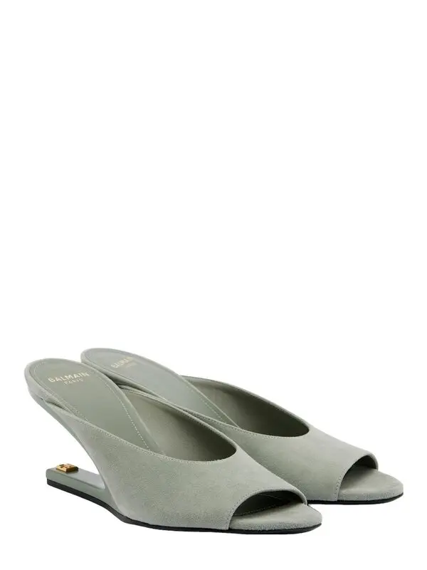 Balmain Suede Cutout Wedge Mules - Green