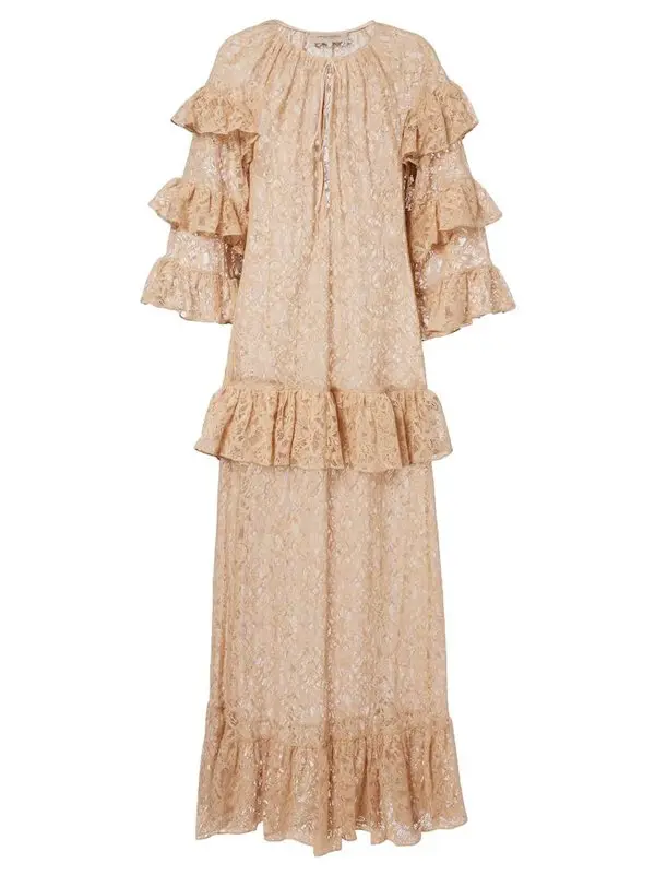 ADRIANA DEGREAS Ruffled Lace Maxi Dress - Beige